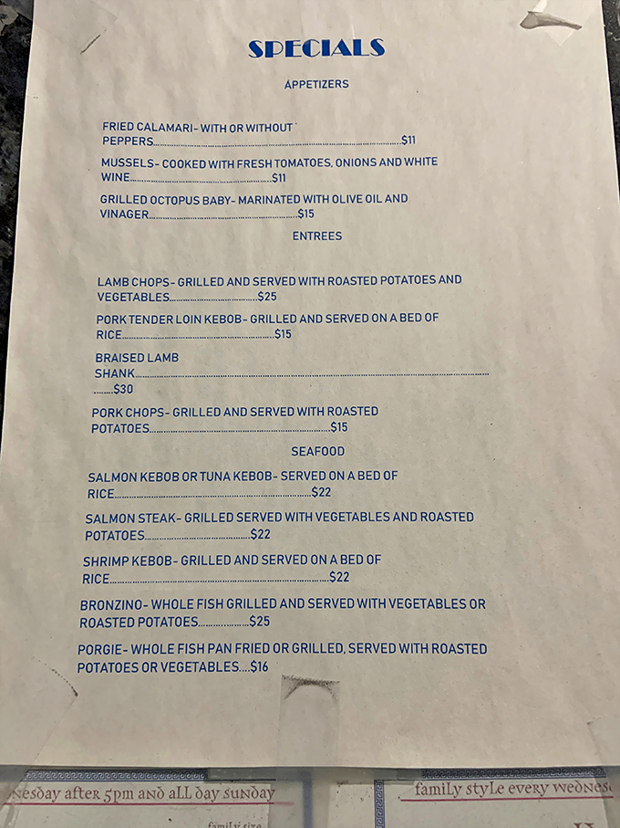 The specials menu reads like a love letter to Greek cuisine. Grilled octopus and braised lamb shank? My wallet says "uh oh" but my stomach says "opa!"
