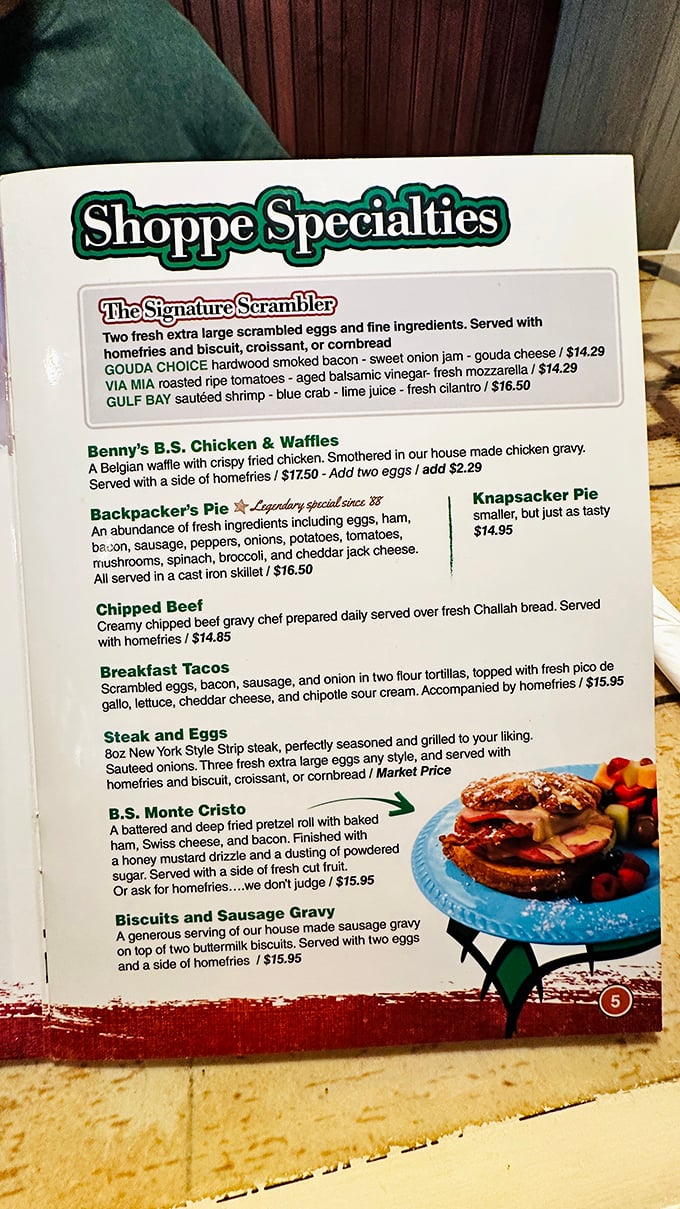 Not a menu&mdash;a breakfast bucket list. Each description reads like poetry for your taste buds, with the Backpacker's Pie stealing the spotlight.