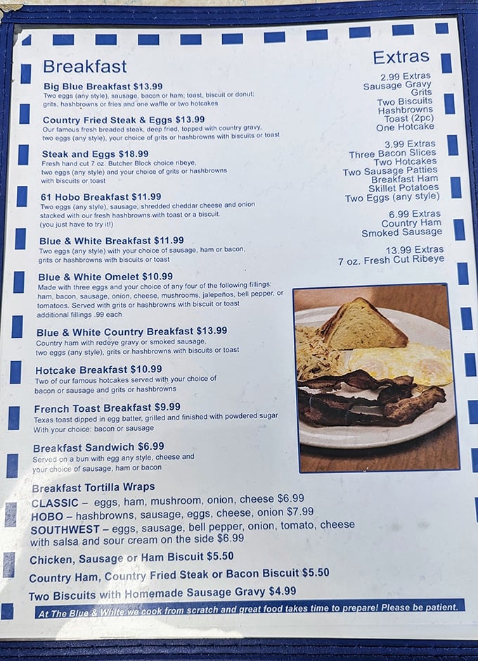 A menu that reads like a love letter to Southern breakfast. When they say "we cook from scratch," they mean business&mdash;and that business is delicious. 