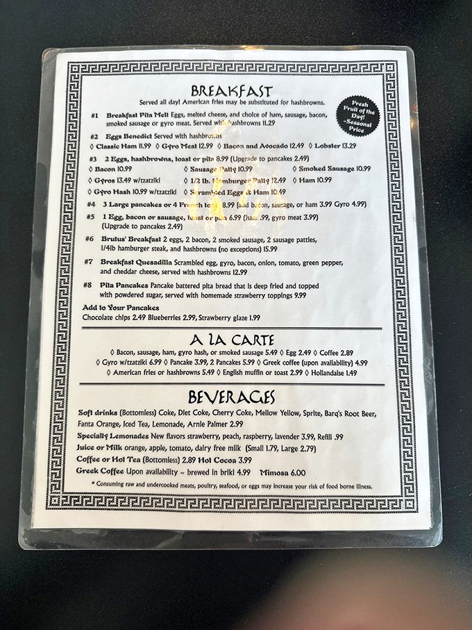 This menu is like a passport to flavor country—breakfast quesadillas with gyro meat? Now that's cultural diplomacy I can support!