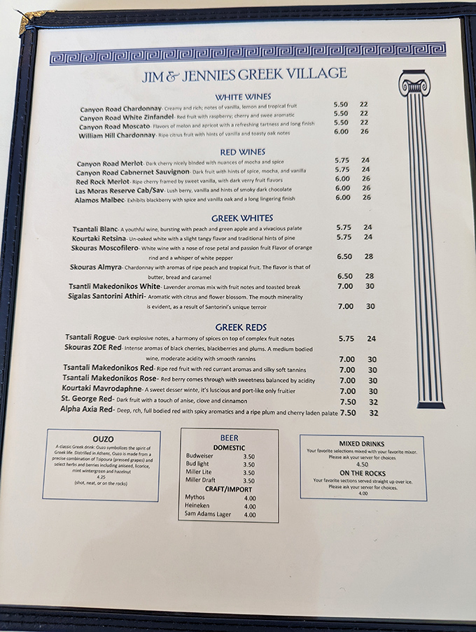 The wine list reads like a Mediterranean passport. From robust Greek reds to crisp Retsina, each bottle tells a story that pairs perfectly with your gyro adventure.