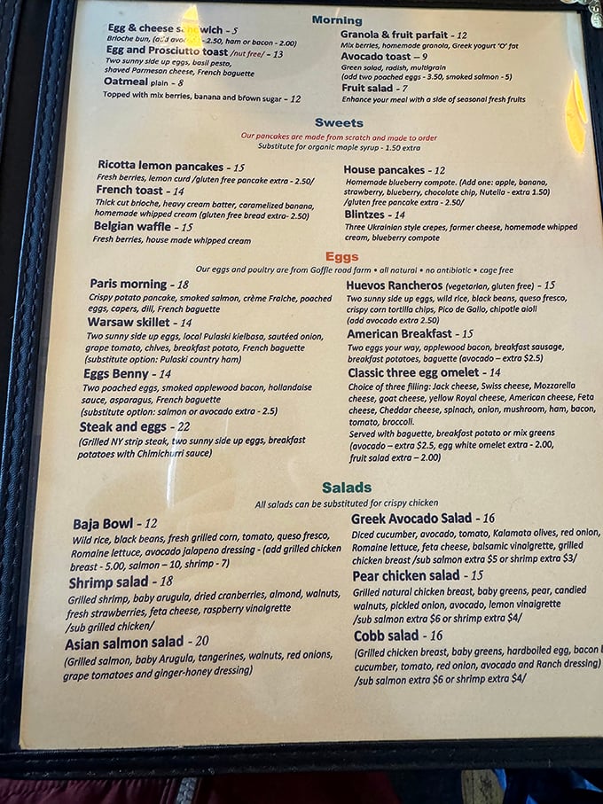 A menu that reads like a love letter to breakfast classics, each with enough creative twists to make decision-making deliciously difficult.