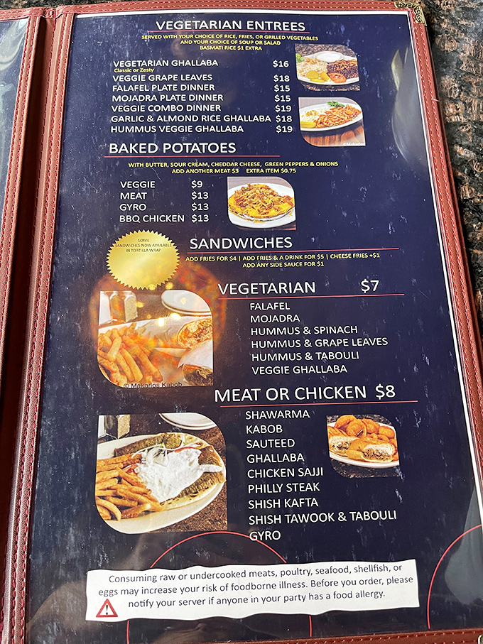 A menu that reads like a Mediterranean bucket list. From falafel to shawarma, each option promises a passport stamp for your taste buds.