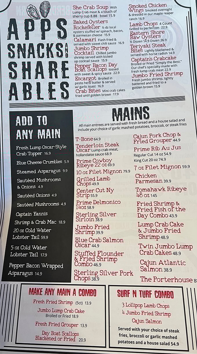 A menu that doesn't need trendy fonts or QR codes. Just straightforward promises of seafood treasures and beef masterpieces that'll make your cardiologist wince.