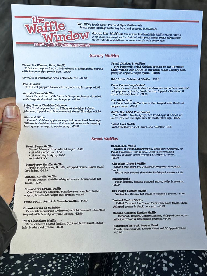 This menu isn't just a list&mdash;it's a roadmap to waffle nirvana with sweet and savory options that'll make your pancakes jealous.