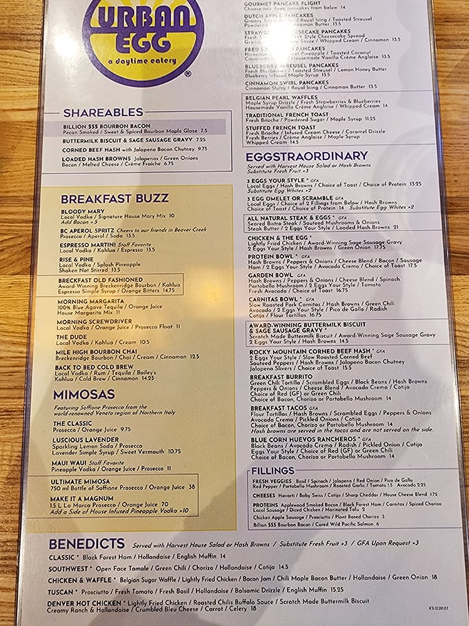 This menu isn't just a list&mdash;it's a roadmap to breakfast nirvana. The "Eggstraordinary" section lives up to its name.
