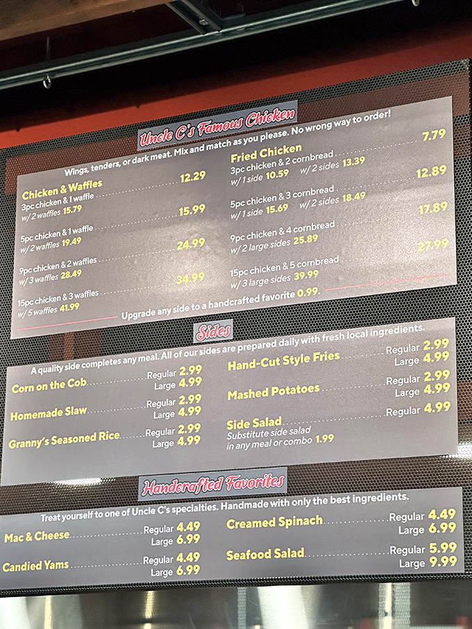 A menu board that reads like poetry to the hungry. Each combination promises a different level of chicken-and-waffle commitment.