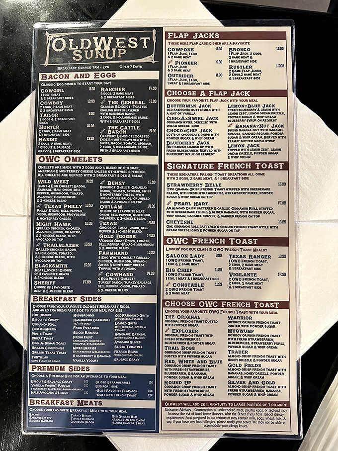 This menu isn't just a list&mdash;it's a roadmap to breakfast nirvana. The "Signature French Toast" section alone could make a carb-counter weep with joy.
