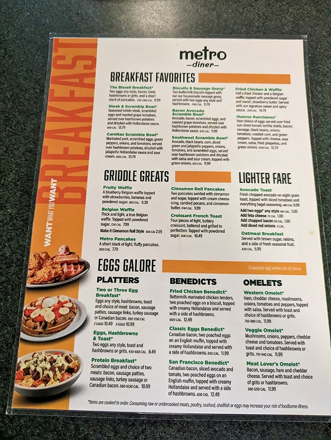 This menu isn't just reading material&mdash;it's a roadmap to happiness. The "Breakfast Favorites" section should come with a warning: decision-making becomes impossible.