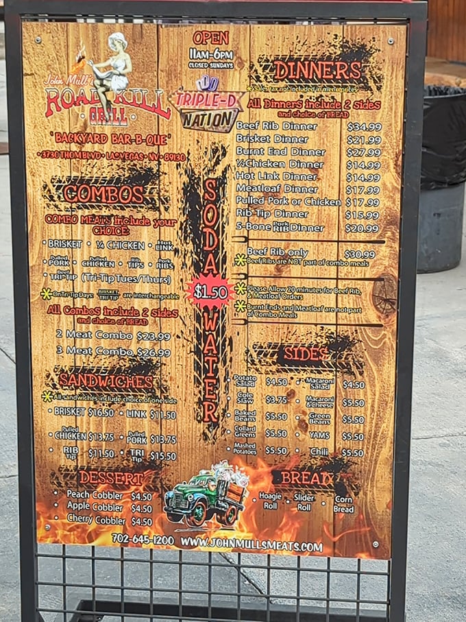 Behold, the sacred text of smoked meats! This menu is like a roadmap to flavor country.