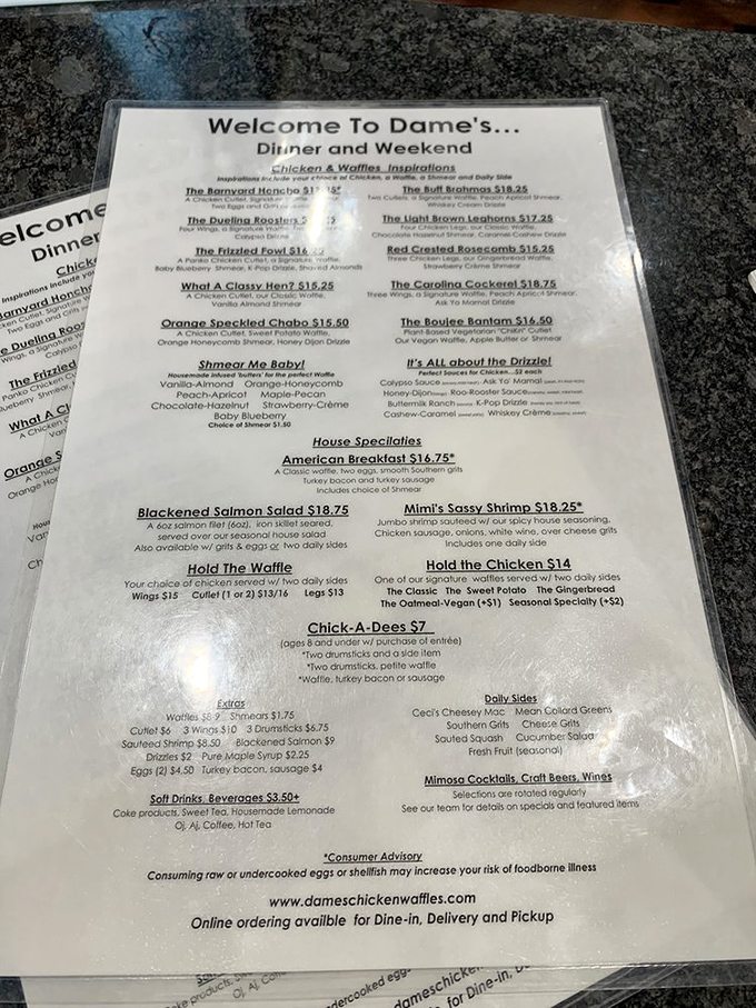 The menu reads like a love letter to chicken and waffles, with creative combinations sporting names that would make a racehorse breeder proud.