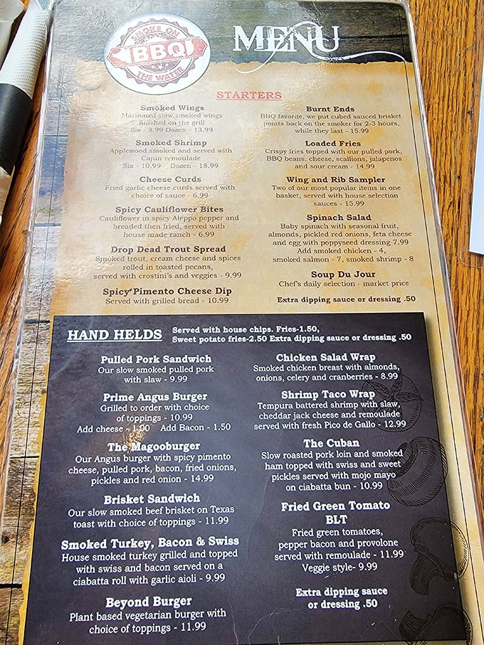 This menu isn't just a list—it's a roadmap to happiness. The "Drop Dead Trout Spread" and "Magooburger" aren't just names; they're promises.