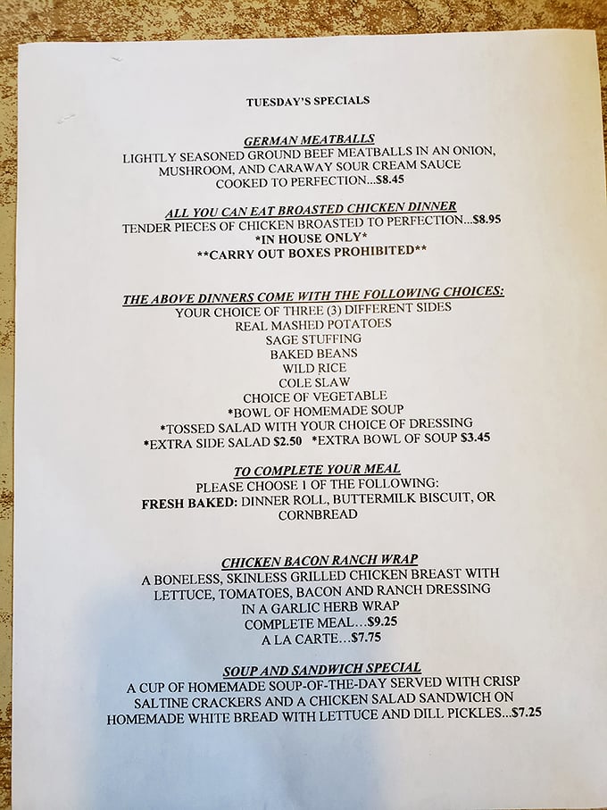 Tuesday's specials read like a love letter to Midwestern cuisine. German meatballs and all-you-can-eat broasted chicken? Sign me up!