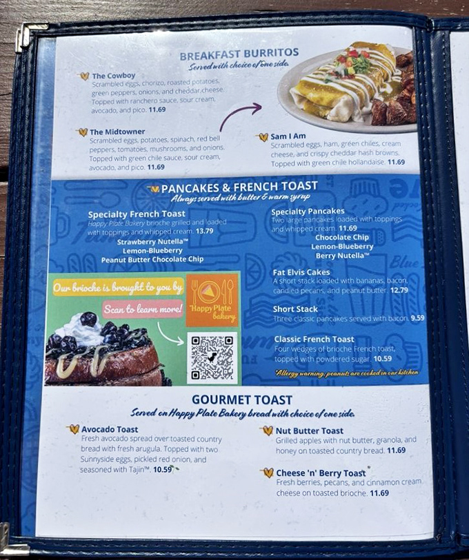 The menu reads like a love letter to breakfast classics, with those specialty French toast options stealing the spotlight.