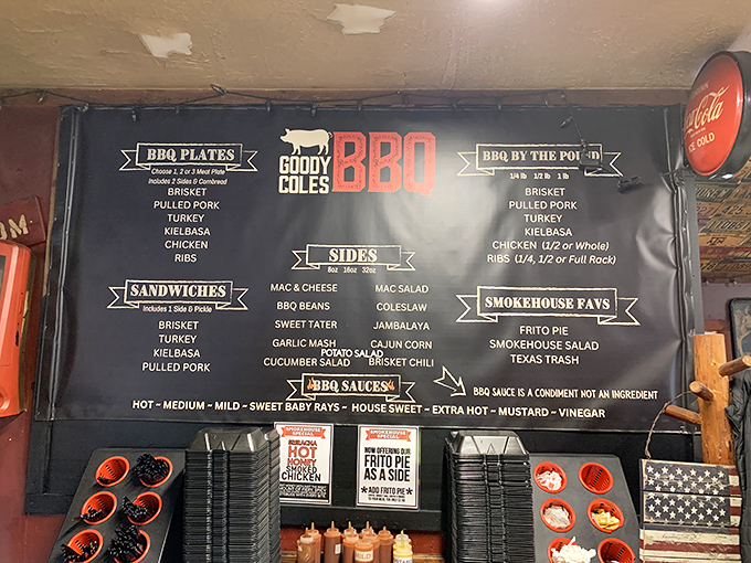 The menu board tells you everything you need to know: meat is the star, sides are the supporting cast, and sauce is merely a condiment. 