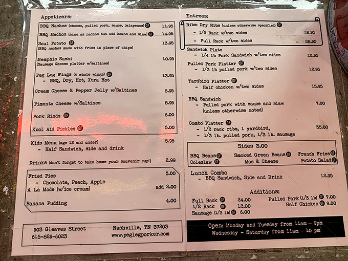 A menu that reads like barbecue poetry. Each item represents decades of smoke-infused wisdom and Tennessee tradition.