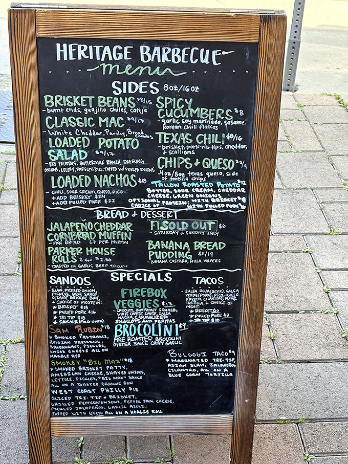 This menu board isn't just a list&mdash;it's a roadmap to happiness. Each chalk-scrawled item represents hours of smoky dedication and culinary craftsmanship.