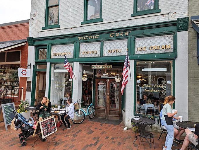The Picnic Cafe's inviting storefront promises desserts, coffee, and ice cream&mdash;the holy trinity of small-town delights that no diet plan can resist.