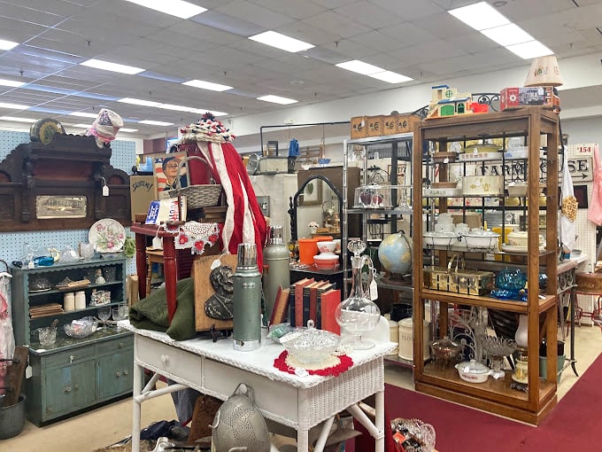 This booth feels like your eccentric great-aunt's living room, if she collected everything from vintage globes to patriotic decor.