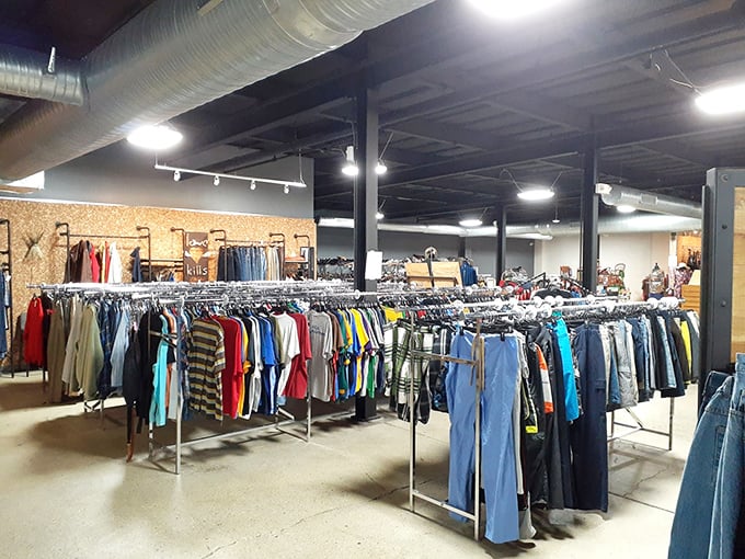 The clothing section's meticulous organization feels like the work of an obsessive-compulsive rainbow enthusiast who moonlights as a retail genius.