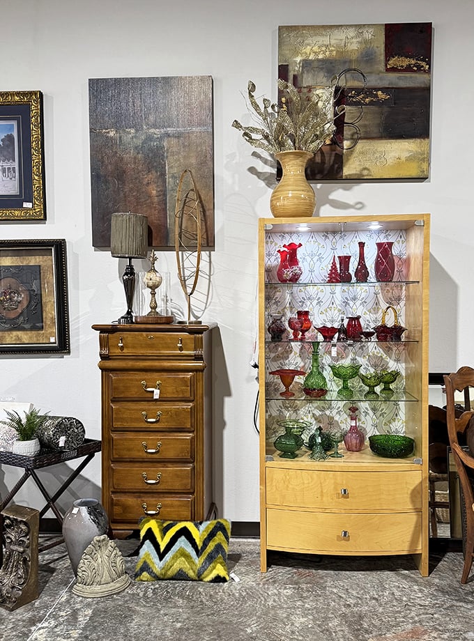 This isn't just a display case&mdash;it's a time machine. Ruby red glassware and mid-century treasures waiting to find new homes and start new stories.