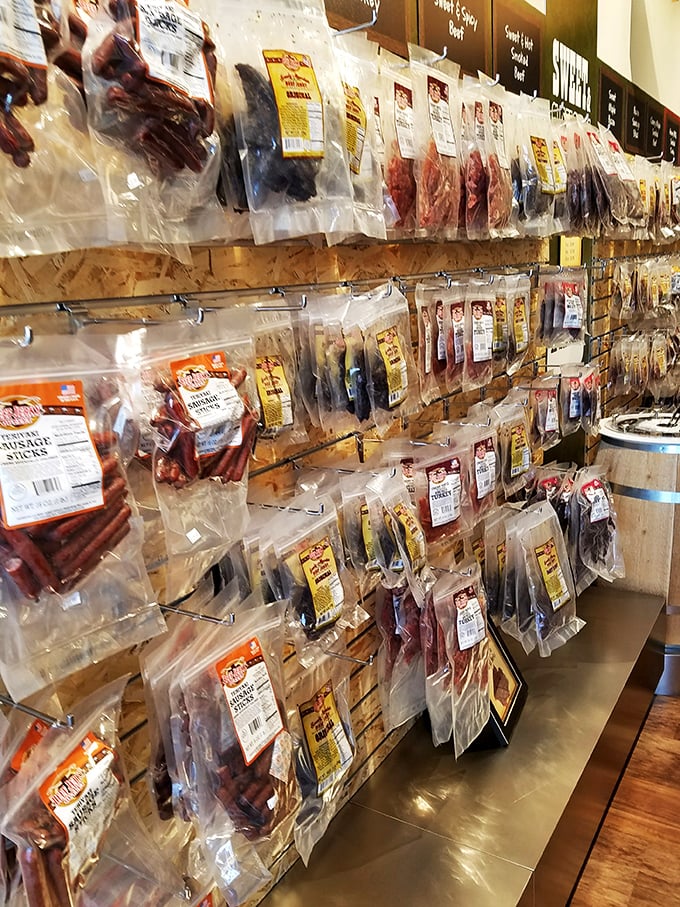 Beef jerky paradise! Like a library of dried meat where the only late fee is the regret of not buying more for your road trip snacking.