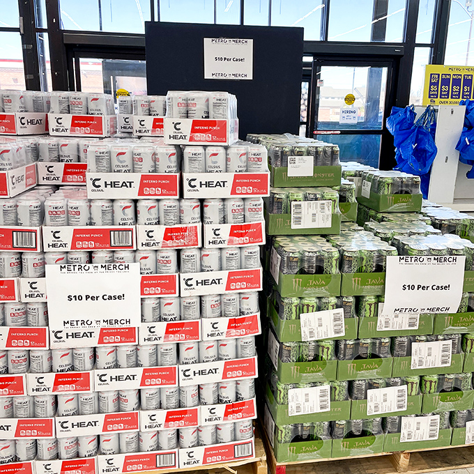 Liquid gold by the case! Energy drinks and Monster Java stacked like bullion, proving one person's overstock is another's caffeine jackpot.