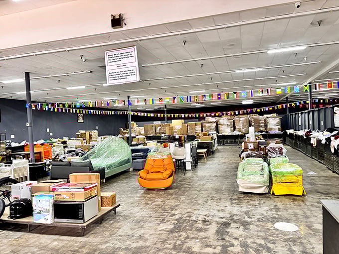 Beyond the bins, furniture and electronics create an adult playground of possibilities. One person's overstock is another's jackpot!