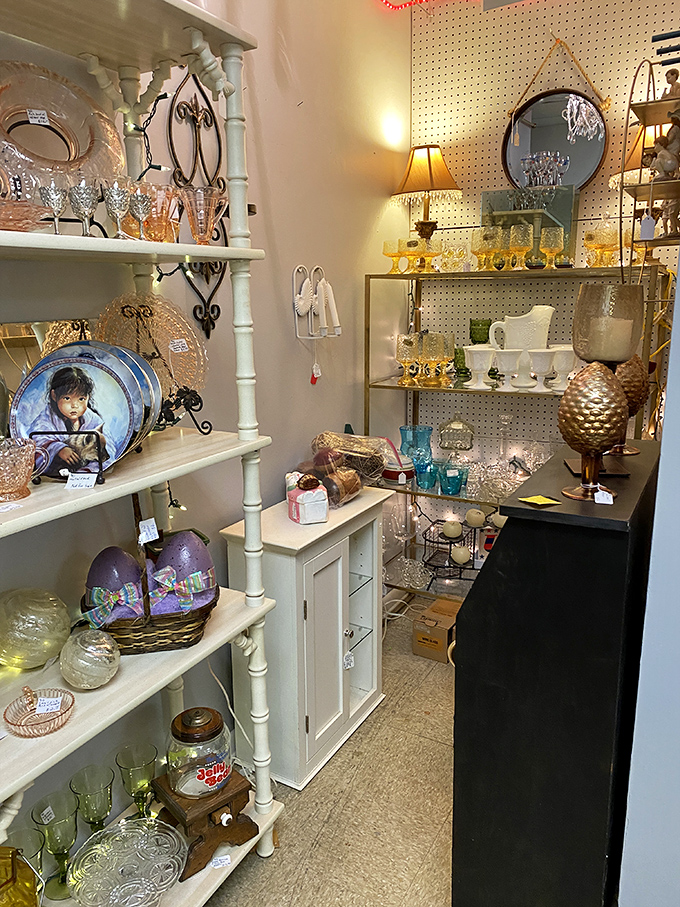 Crystal and glassware that would make your grandmother swoon, arranged with the precision of a museum curator with OCD tendencies.