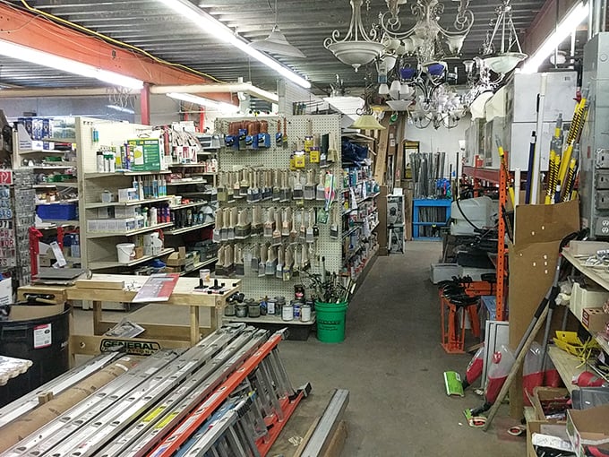 The hardware section stretches like a DIY enthusiast's dream, with tools and supplies for every project imaginable.