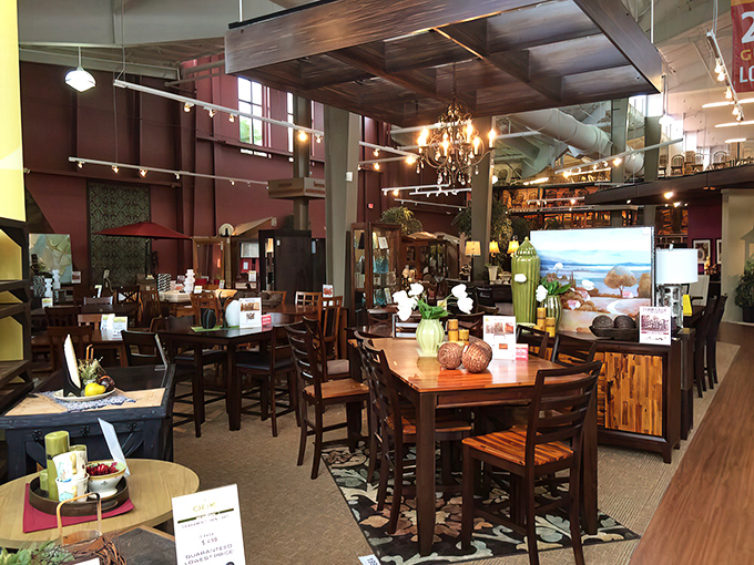 Chandeliers hanging over dining sets create the illusion you're furniture shopping in a fancy restaurant. The ambiance says, "Your meatloaf deserves this."