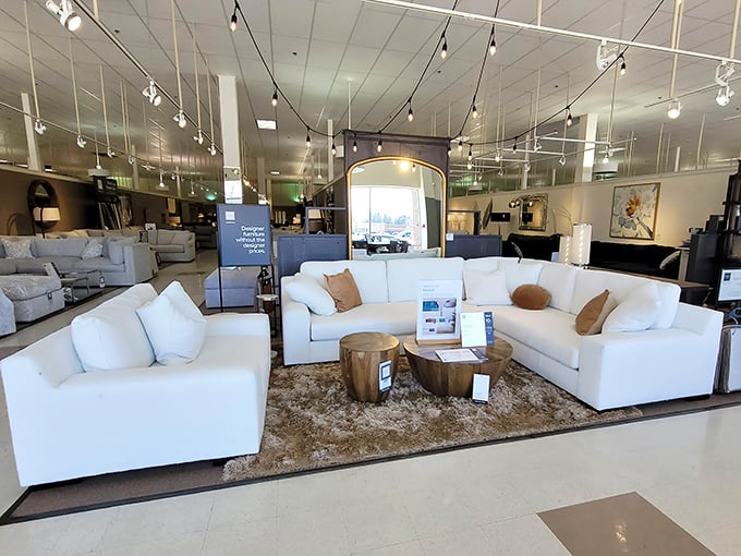 White sofas that laugh in the face of red wine spills. This living room collection practically whispers, "Yes, you ARE sophisticated enough to pull this off."