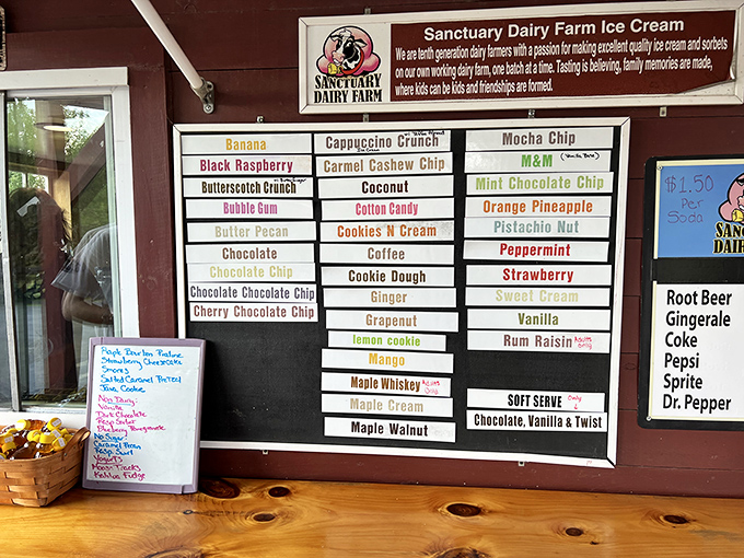 The menu board that launches a thousand road trips. Each flavor name is a siren call to dessert enthusiasts throughout New Hampshire.