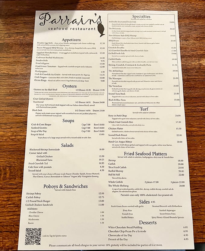A menu that reads like a love letter to Louisiana seafood. Choosing just one dish might be the hardest decision you'll make all day.