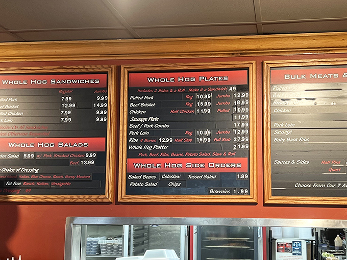 The menu board &ndash; a sacred text of smoked meat possibilities. Six sauce options prove they understand BBQ is both art and deeply personal preference.