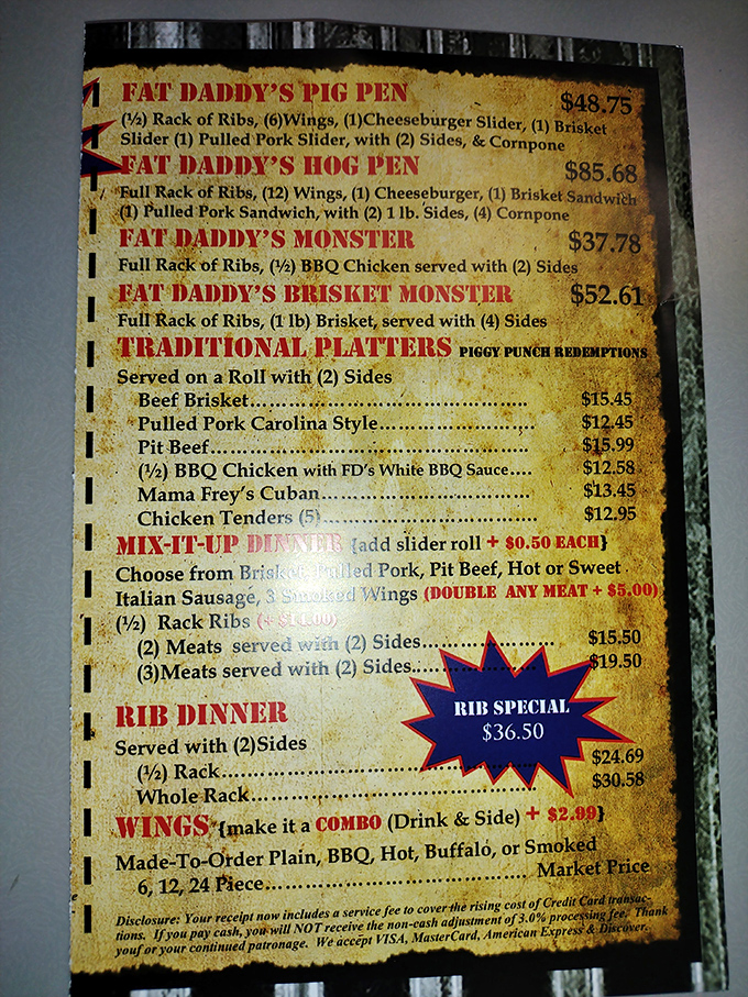 The menu reads like a carnivore's love letter, featuring everything from monster platters to perfect rib dinners.