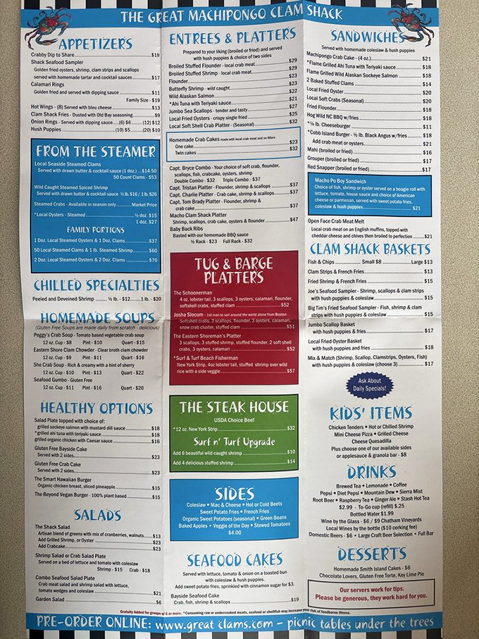 This menu isn't just a list of options&mdash;it's a maritime treasure map. The "Tug & Barge Platters" section alone could make a seafood lover weep with joy.