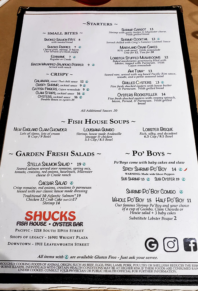 A menu that reads like poetry to seafood lovers. Each description promises oceanic delights that make you wonder why you ever settled for fish sticks.