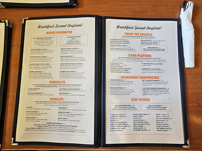 A menu that reads like a comfort food manifesto, promising "Breakfast Anytime" &ndash; words that rank among civilization's greatest achievements.