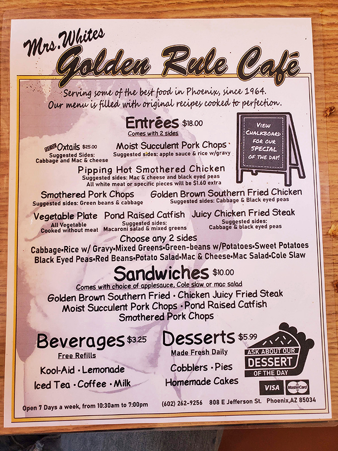 This menu isn't trying to dazzle you with fancy terminology—it's promising straightforward Southern comfort with dishes like "Pipping Hot Smothered Chicken" that speak directly to your soul.