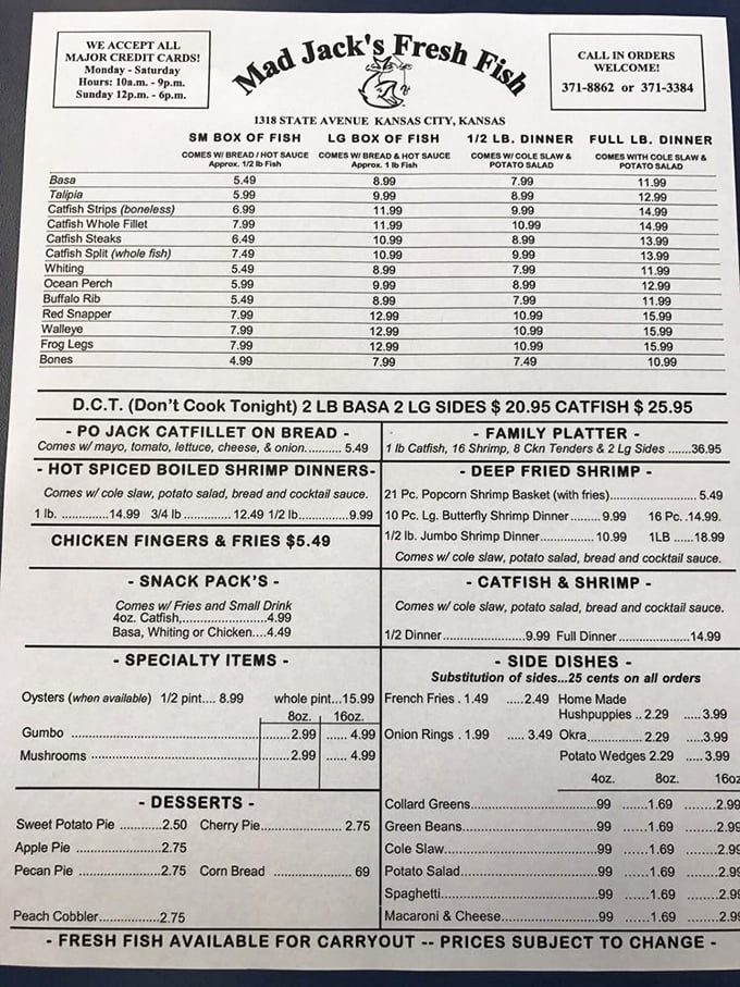 The menu at Mad Jack's reads like a seafood lover's dream journal. From catfish to frog legs, there's an ocean of options to explore.