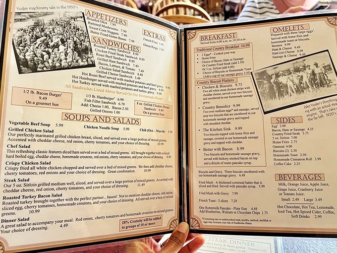 A menu that tells stories of Yoder's history alongside promises of hearty meals. Reading between these lines reveals a community's soul served alongside their signature dishes.