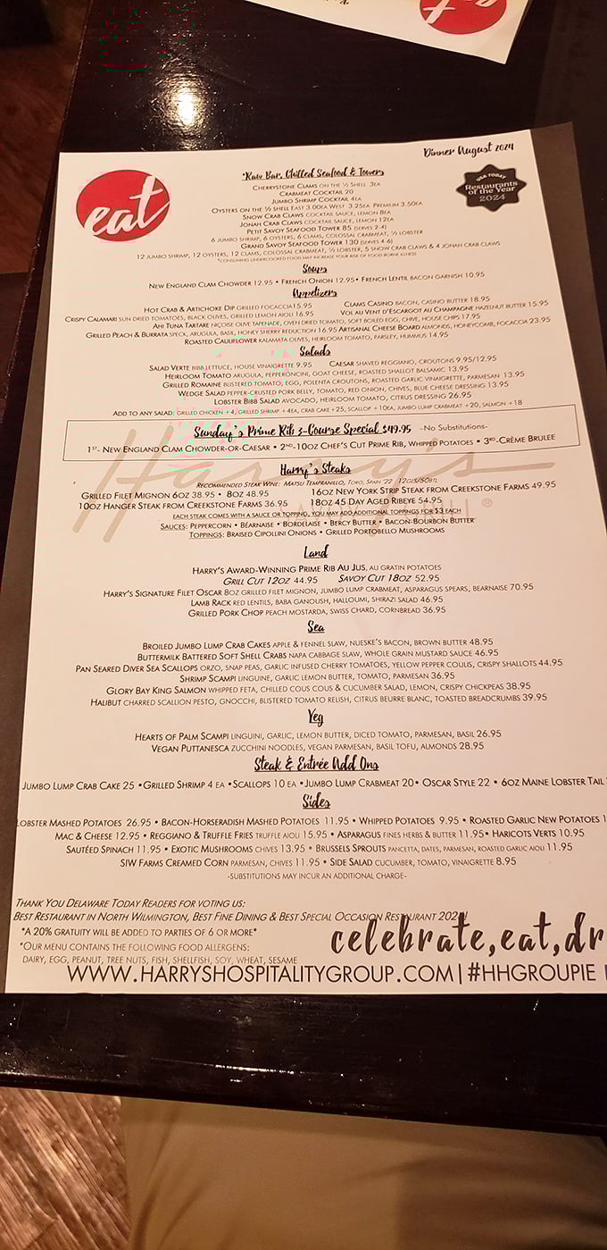 A menu that reads like a love letter to carnivores, with the award-winning prime rib taking center stage.