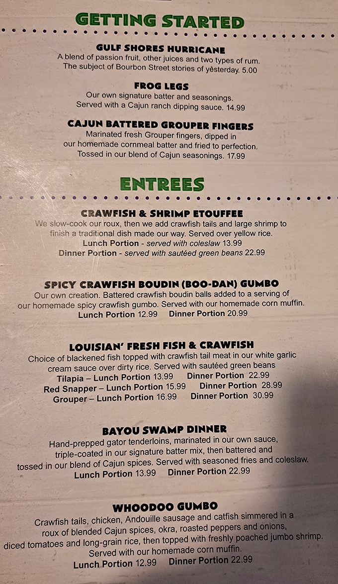 This menu reads like a love letter to Gulf Coast cuisine &ndash; each description promising the kind of flavors that make conversation pause mid-bite.