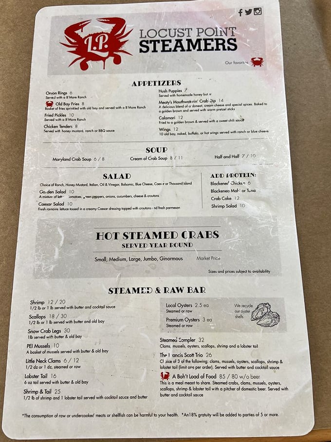 The menu reads like a love letter to the Chesapeake Bay, with everything from hush puppies to "ginormous" steamed crabs.