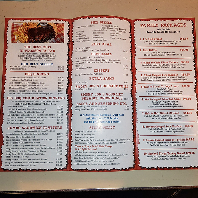 A menu that reads like barbecue poetry. Notice how they don't waste space on salads? That's commitment to a meaty mission.