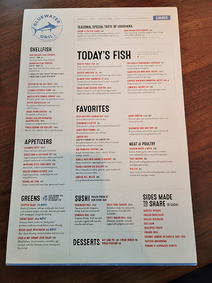 This menu isn't just reading material&mdash;it's a maritime treasure map. X marks the spot where your seafood cravings get satisfied.