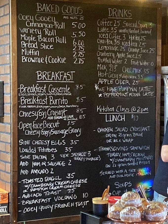 This chalkboard menu isn't just a list&mdash;it's a roadmap to happiness with breakfast offerings that make hitting the snooze button seem like criminal negligence.