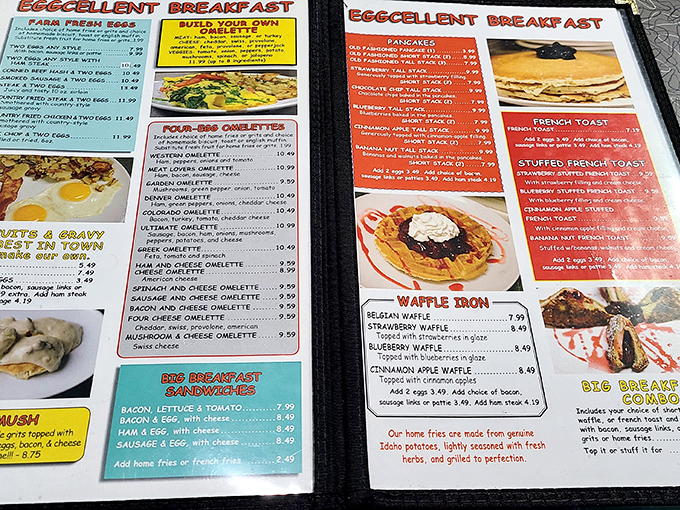 The menu reads like a love letter to breakfast classics&mdash;each colorful panel promising a different path to morning happiness.