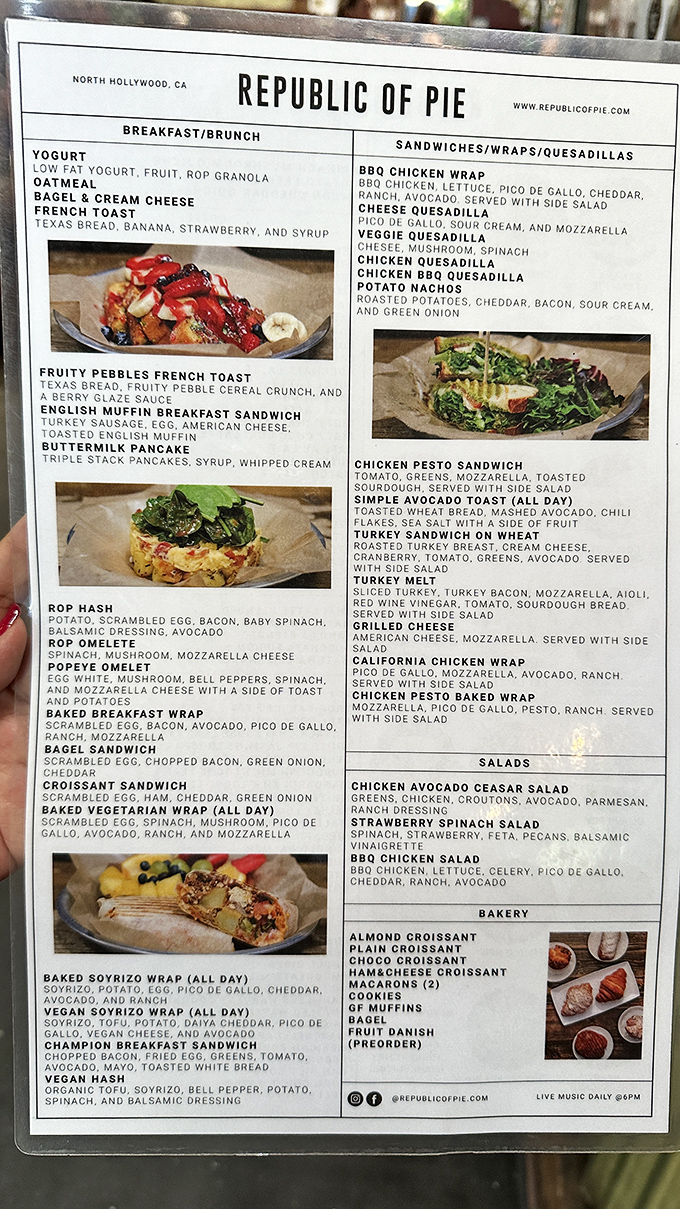 The menu at Republic of Pie reads like a love letter to comfort food, with breakfast classics and innovative sandwiches competing for your attention before pie steals the show.